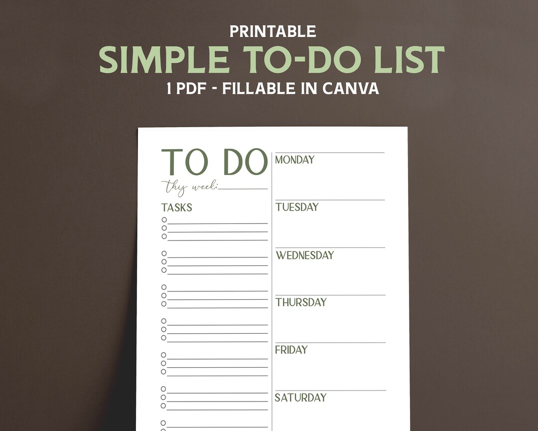 Clean to Do List Green- Fillable in Canva Weekly Task Setter Goal ...