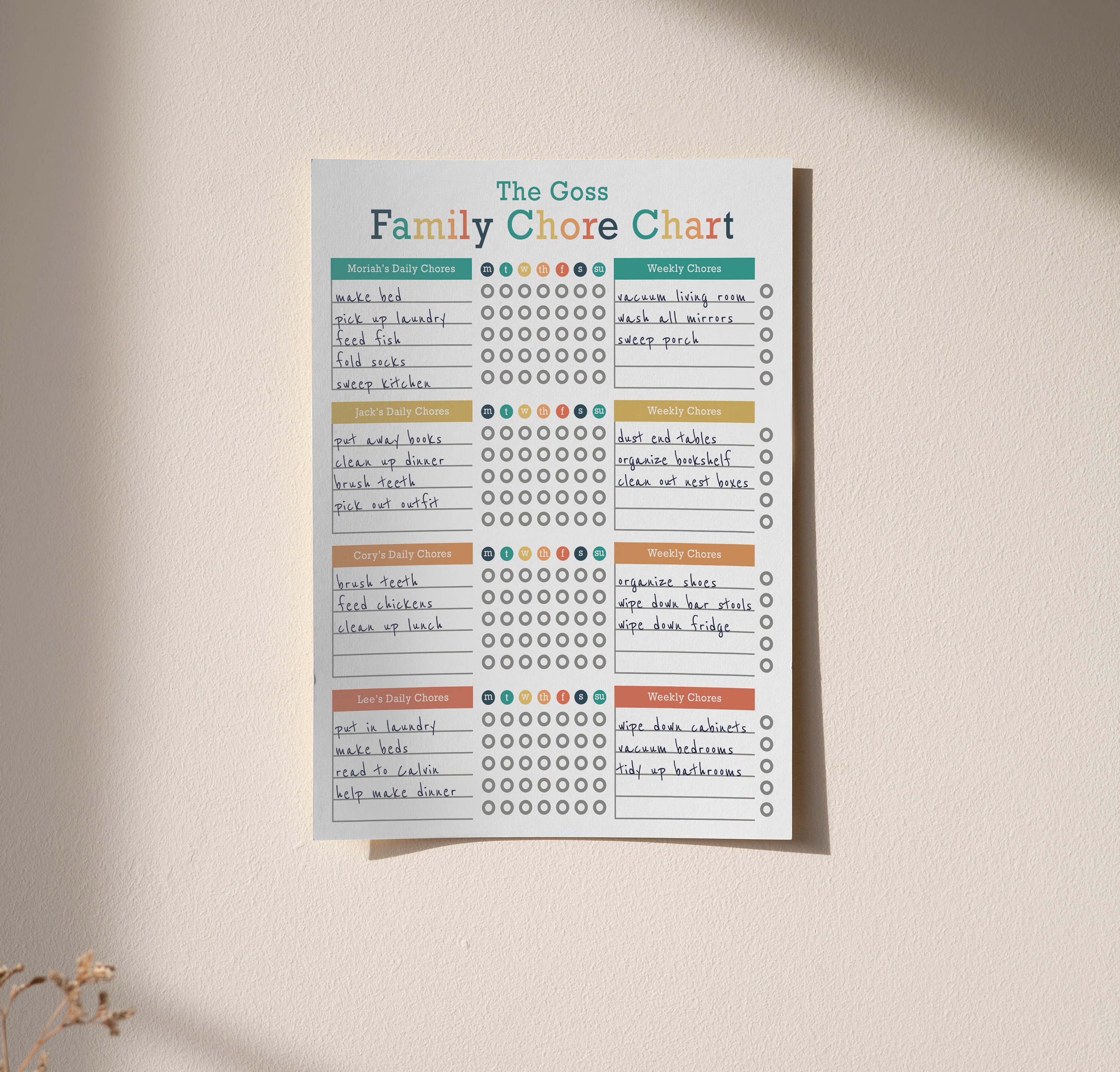 Family Chore Chart - Fillable in Canva- Daily Weekly Responsibilities ...