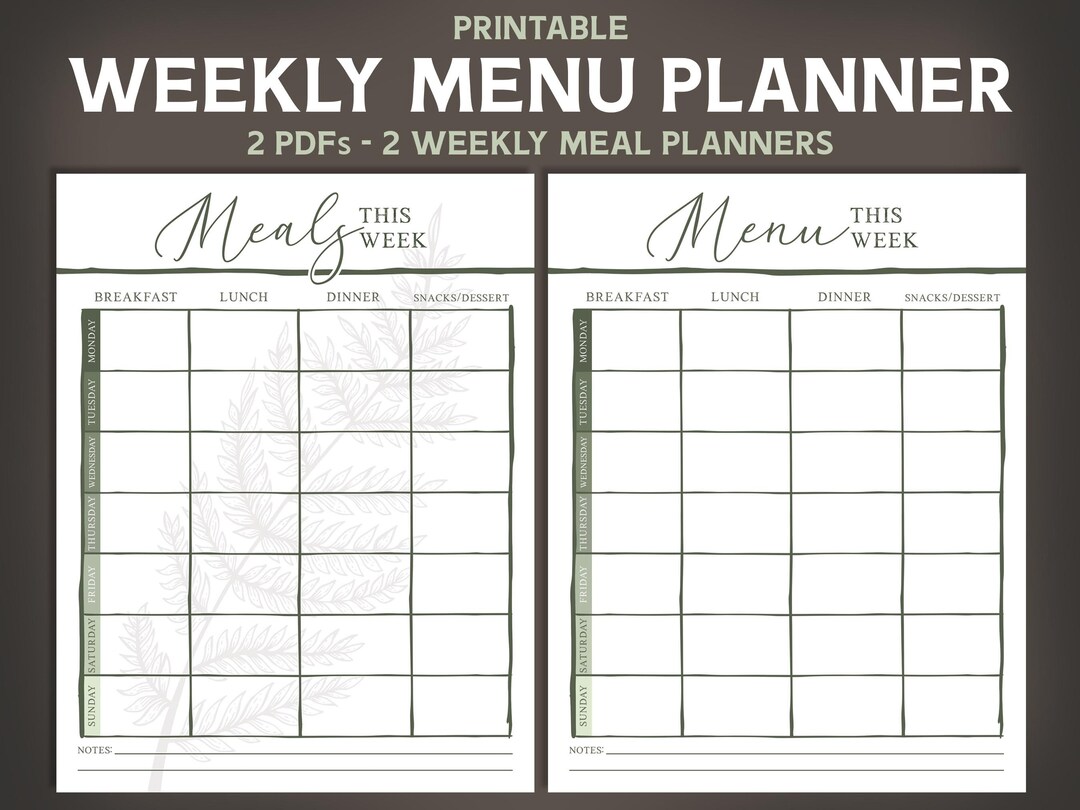 Fern Menu Planner Breakfast Lunch Dinner Snacks Simple Nature Themed ...