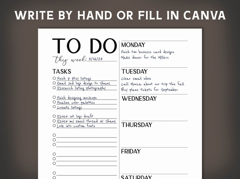 Clean to Do List Black- Fillable in Canva Weekly Task Setter Goal Setter Schedule Stay at Home ...