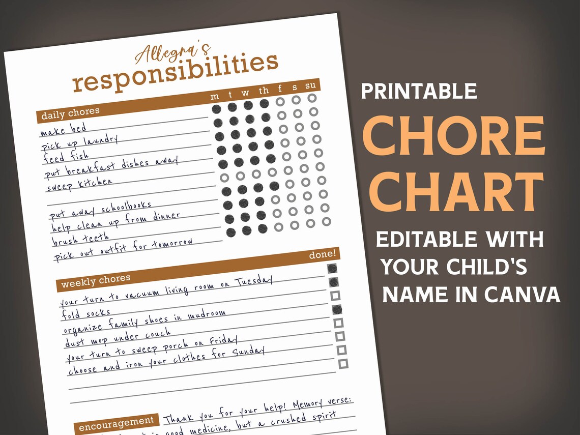Simple Chore Chart Editable in Canva Orange Daily Weekly ...