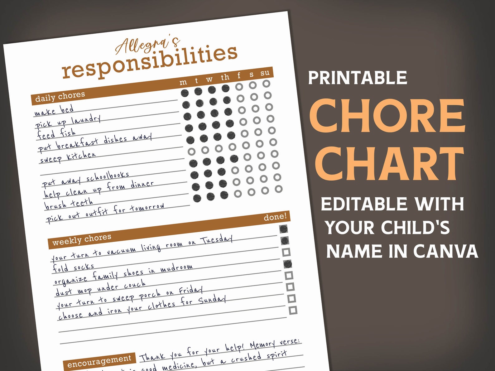 Simple Chore Chart Editable in Canva Orange Daily Weekly ...