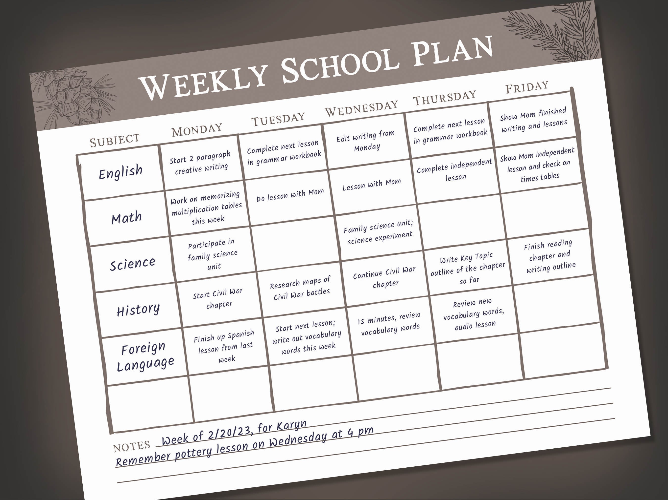 Pinecone Weekly Homeschool Planner Editable in Canva Brown Homemaker ...