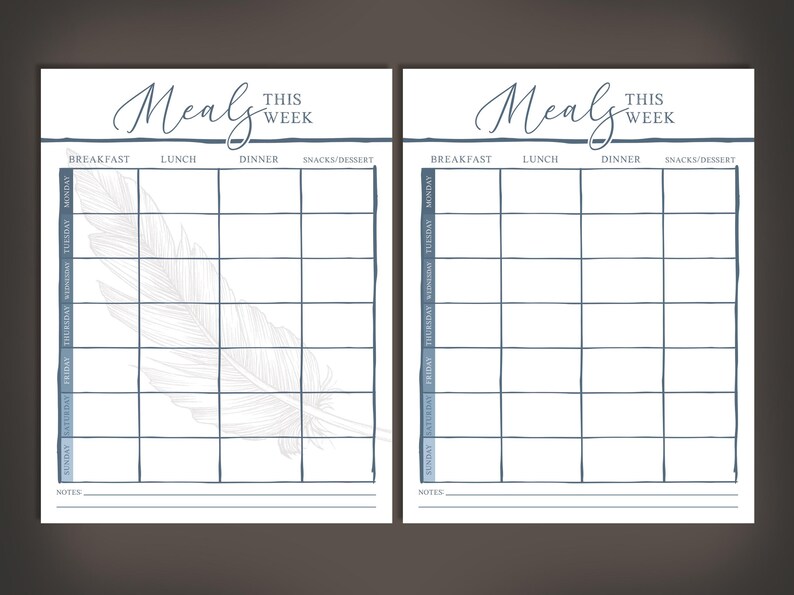 Feather Weekly Menu Planner Breakfast Lunch Dinner Snacks Simple Nature ...