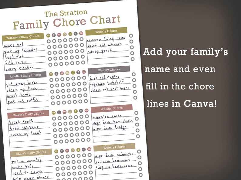 Family Chore Chart - Fillable in Canva- Daily Weekly Responsibilities ...