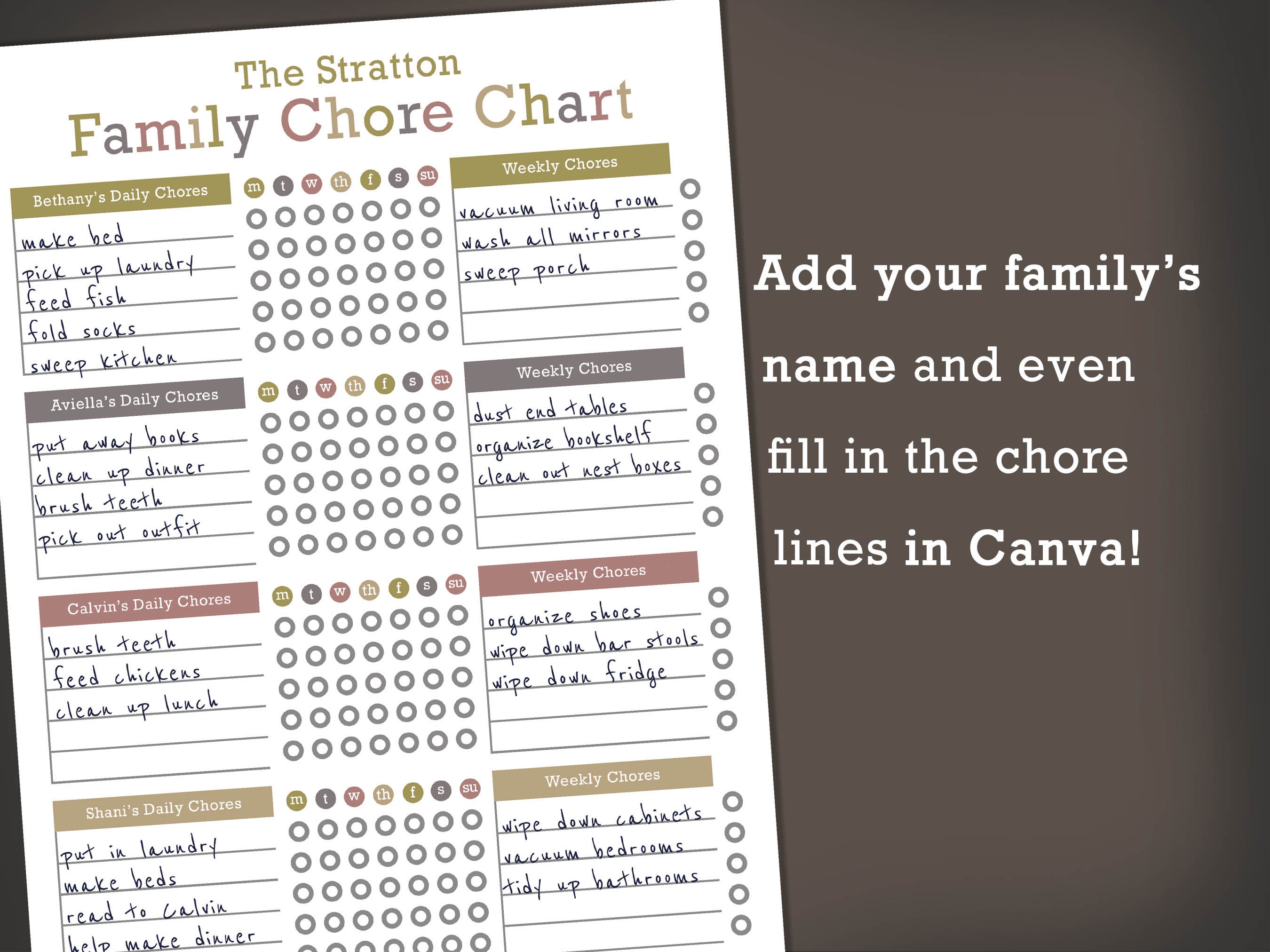 Family Chore Chart Fillable in Canva Daily Weekly Responsibilities for ...