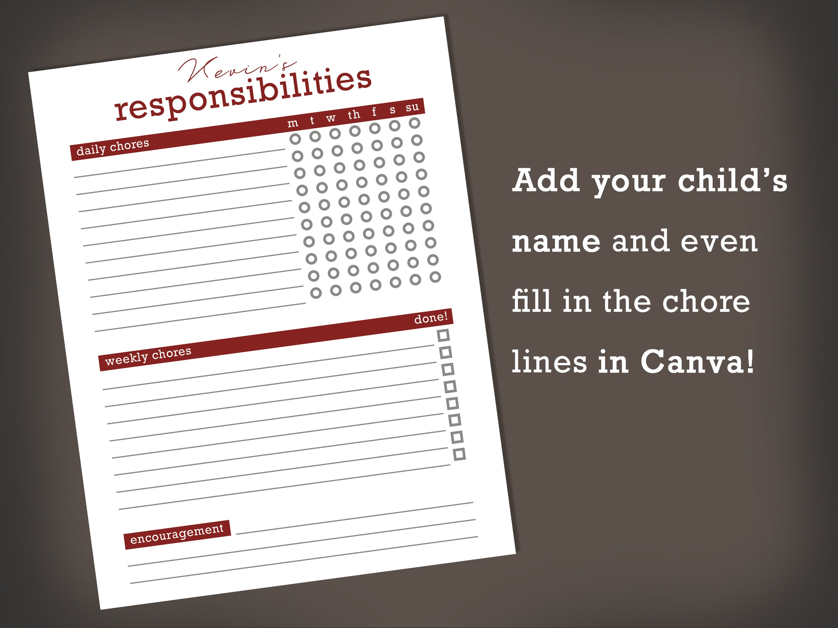 Simple Chore Chart - Editable in Canva- Red Daily Weekly ...