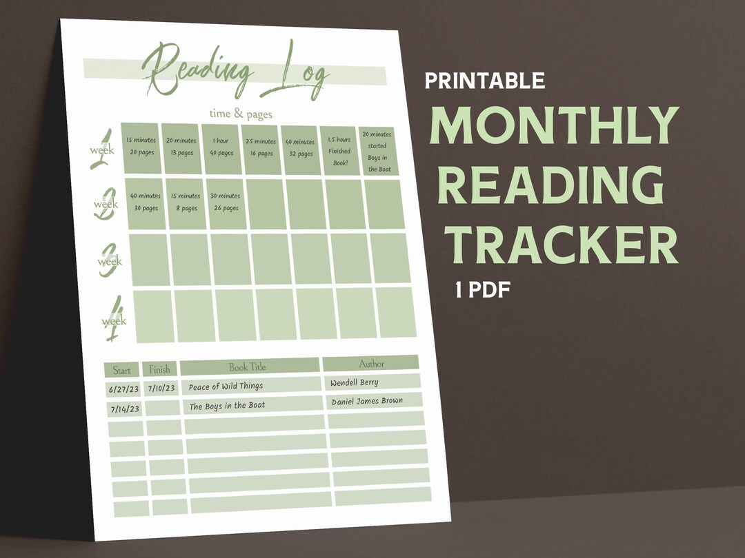 Monthly Reading Log - Green Reading Tracker Independent Kids Time Adult ...