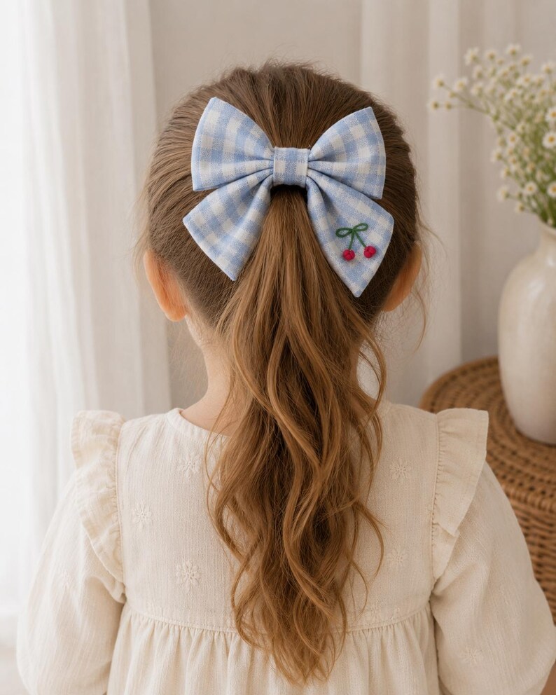 Blue Gingham Cherry Hair Bow | Handmade Toddler Clip - Etsy