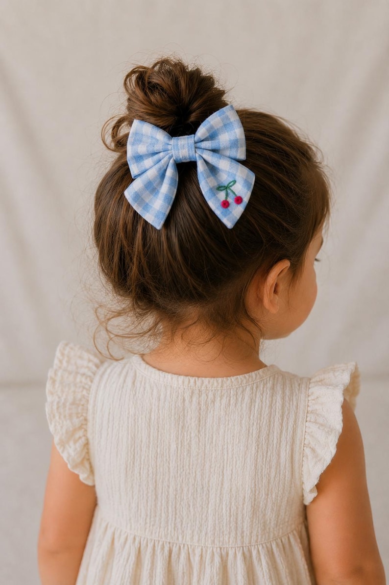 Blue Gingham Cherry Hair Bow | Handmade Toddler Clip - Etsy