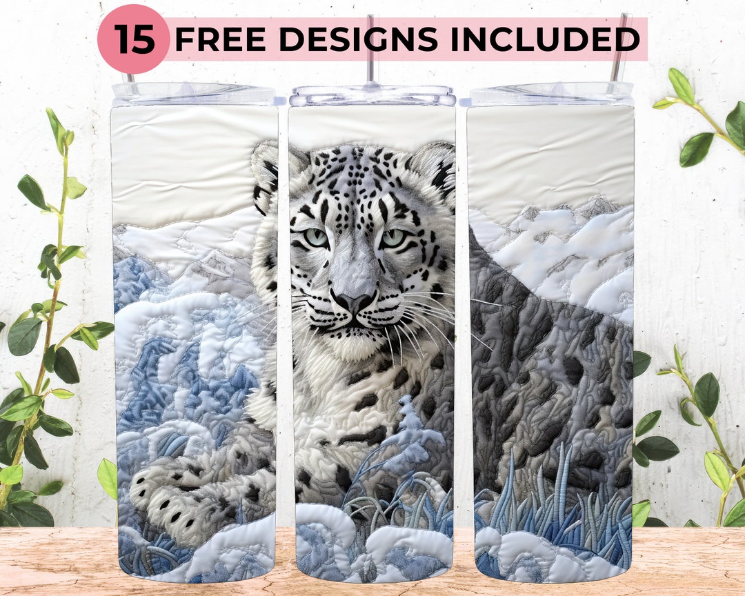 3D Embroidered Snow Leopard Winter 20 Oz Skinny Tumbler Sublimation ...