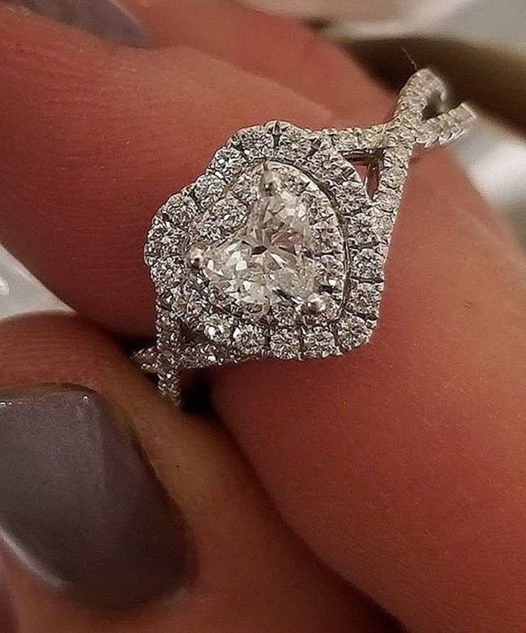 Cris-cross Shank Halo Diamond Wedding Ring 5MM Heart Cut - Etsy