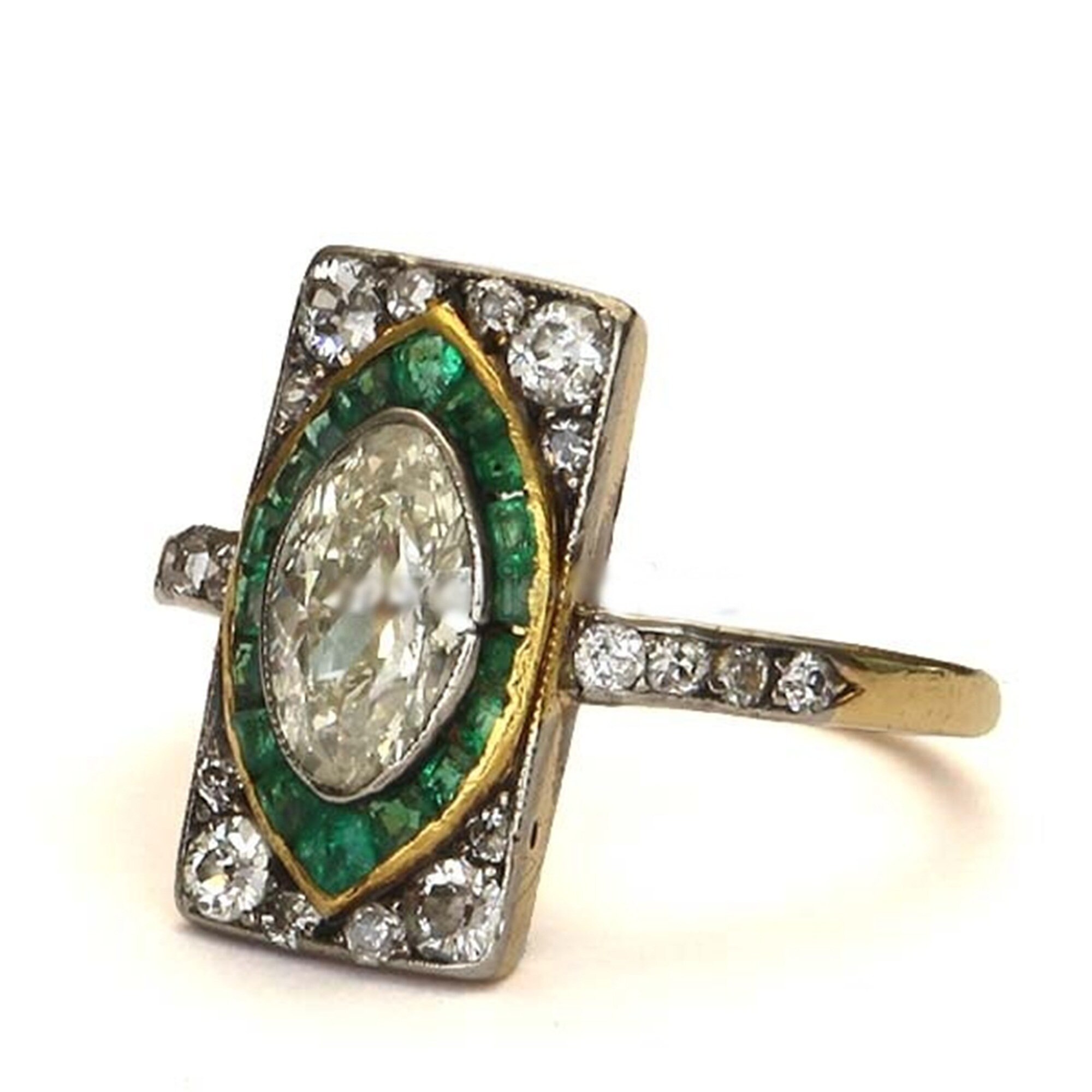 Geometric Shape Art Deco Diamond Women's Ring, Green Baguette ...