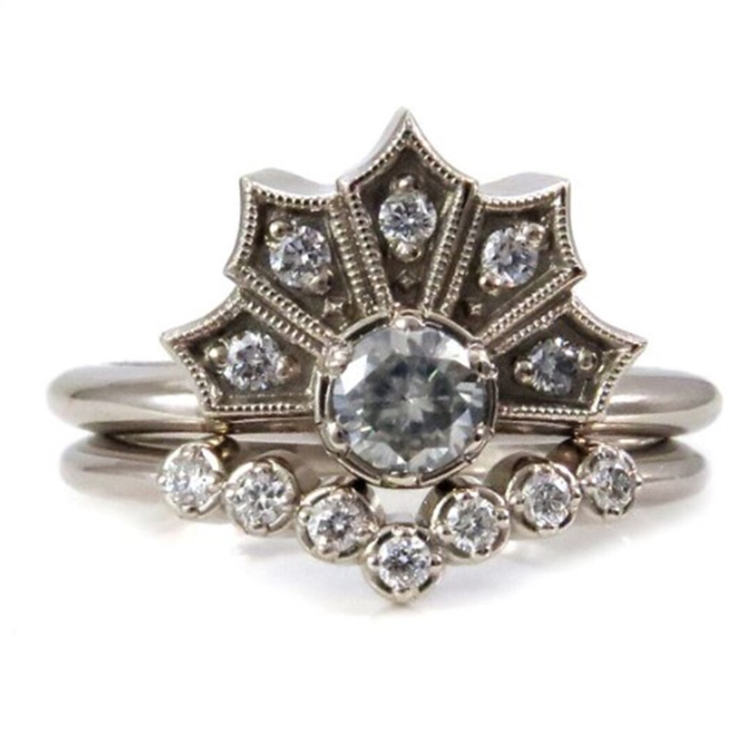 Art Deco Engagement Ring Set Crown Style Ring Chevron - Etsy