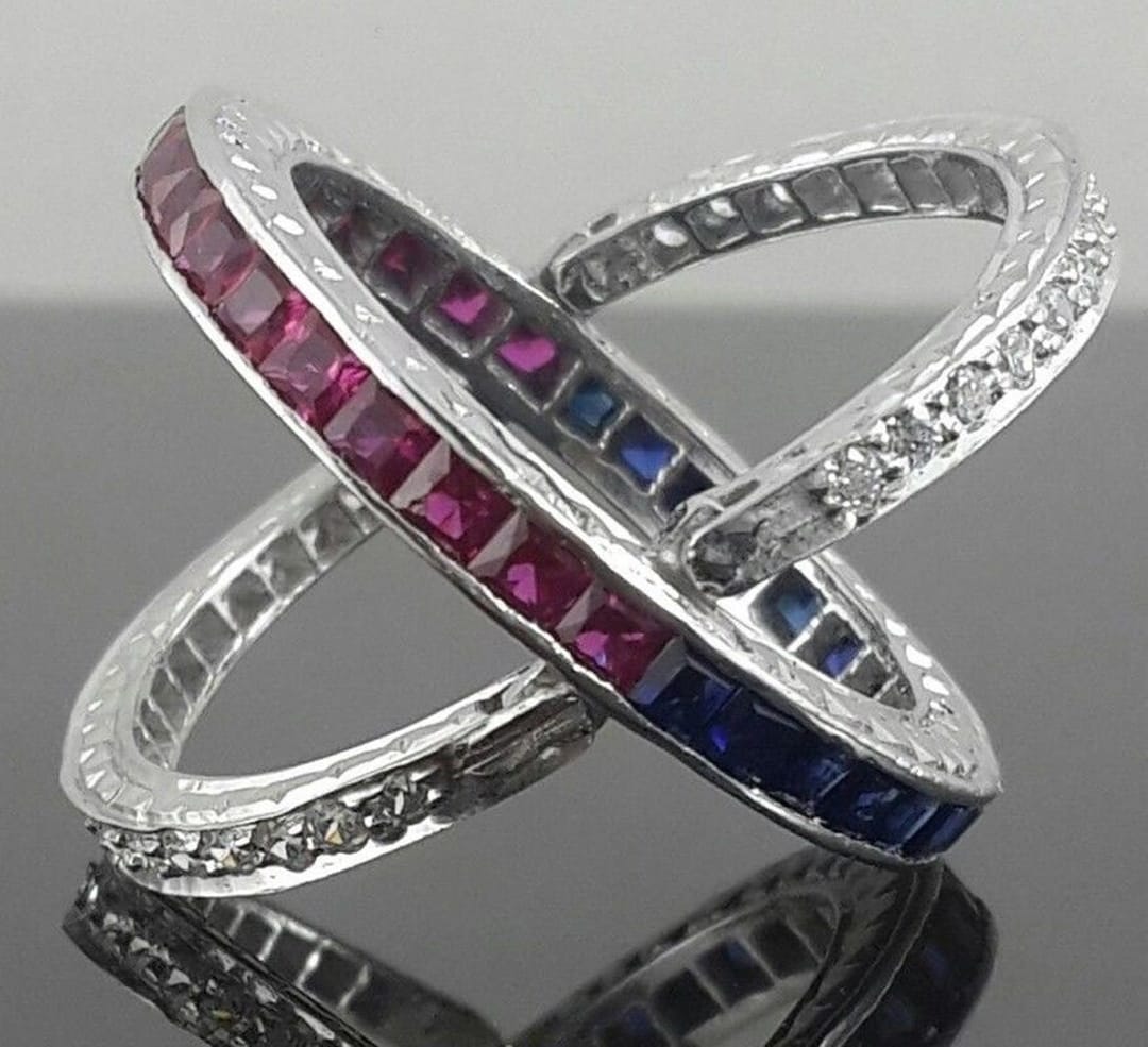 Unique Sapphire Diamond & Ruby Flip Over Ring, Art Deco 925 Silver Ring ...