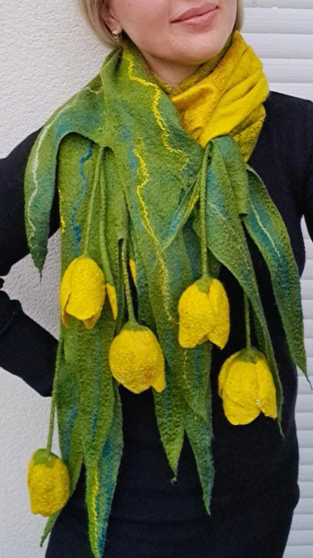 Long Stole in Green and Yellow Nuno Felt – Handcrafted Floral Palantin ...