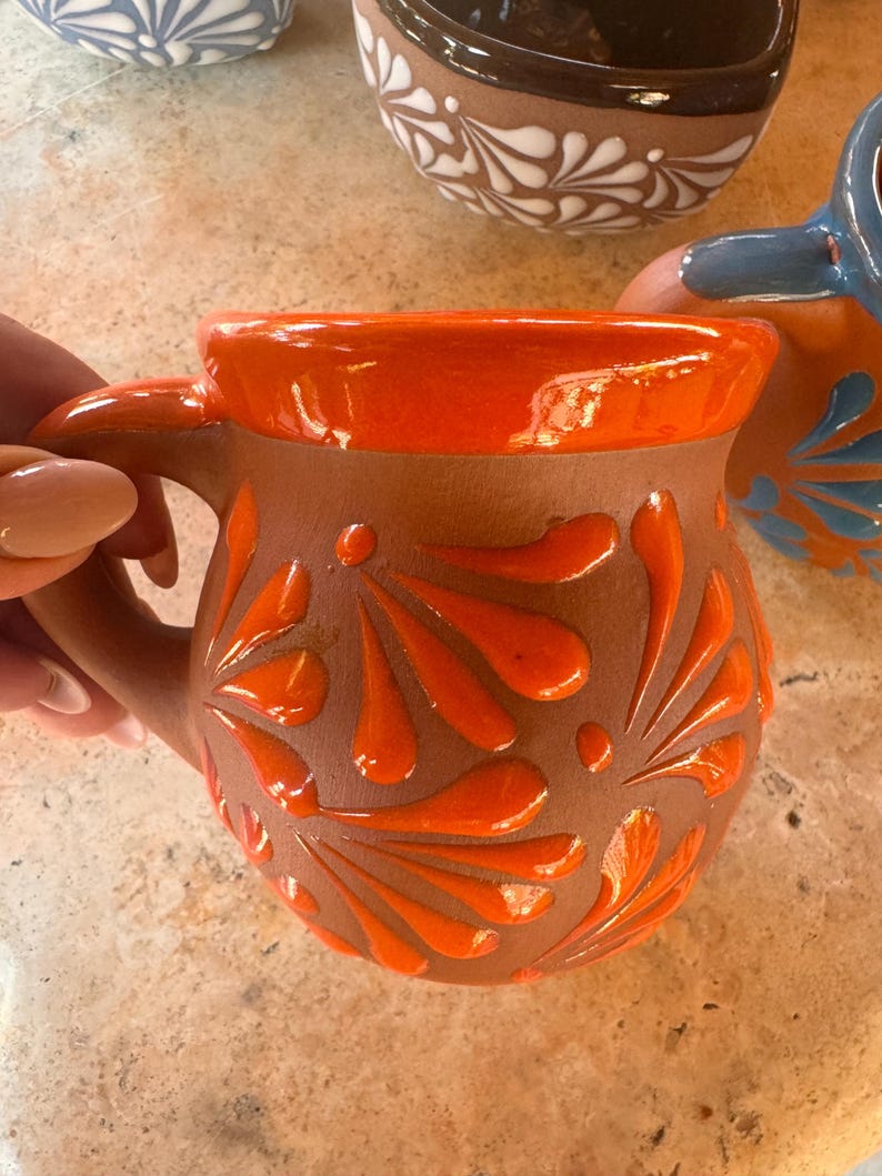 Hand-painted Clay Coffee Cup: Traditional Mexican Plumeado Design - Etsy