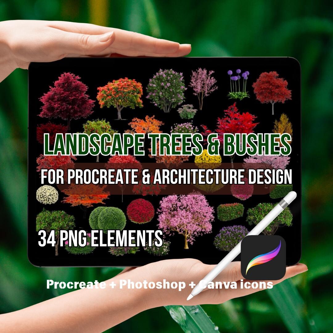 Landscape Trees and Bushes PNG Procreate Stamps for Architecture and ...
