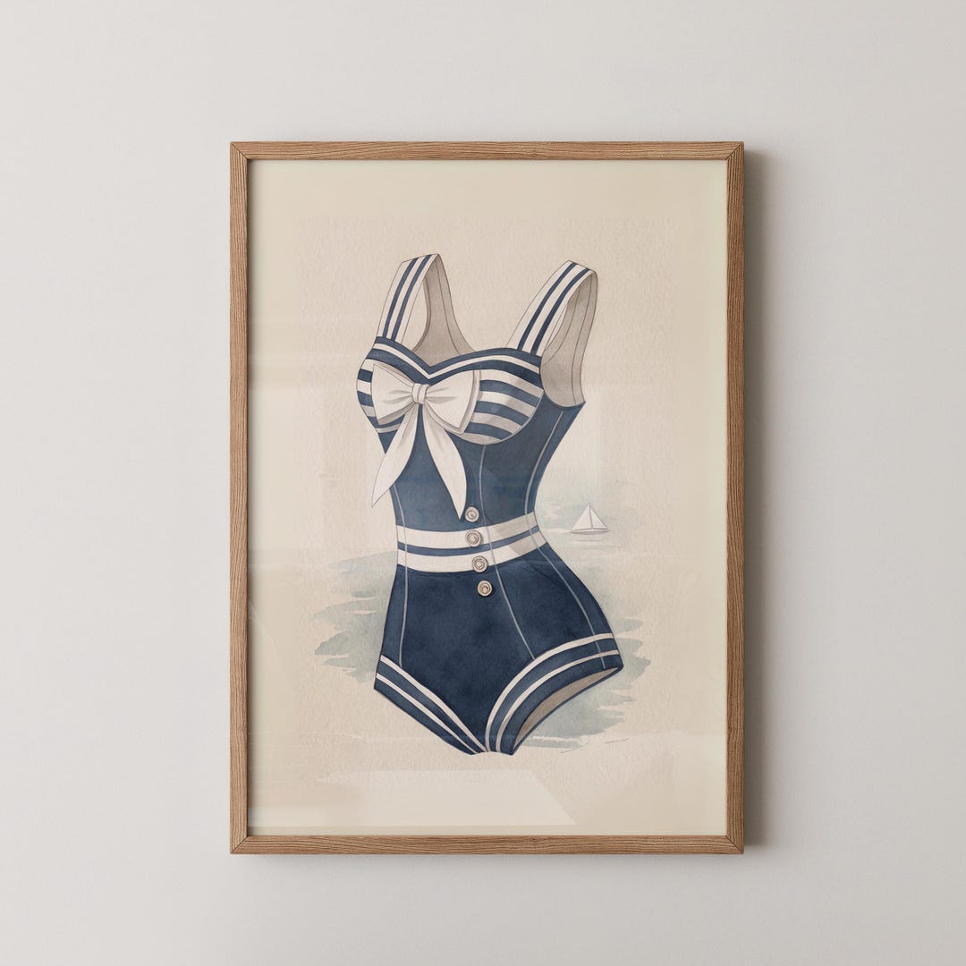 Vintage Watercolor Swimsuit Printable, One Piece Navy Swimwear Wall Art ...