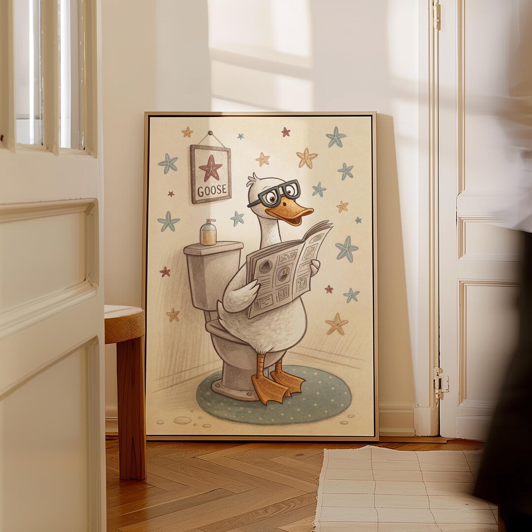 Funny Silly Goose Bathroom Poster | Goose Reading Newspaper on Toilet ...