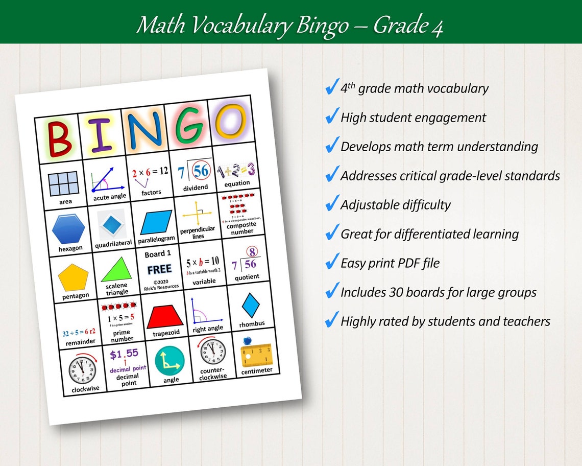 4th Grade Math Vocabulary Bingo Game - 30 Boards, Adjustable Difficulty ...