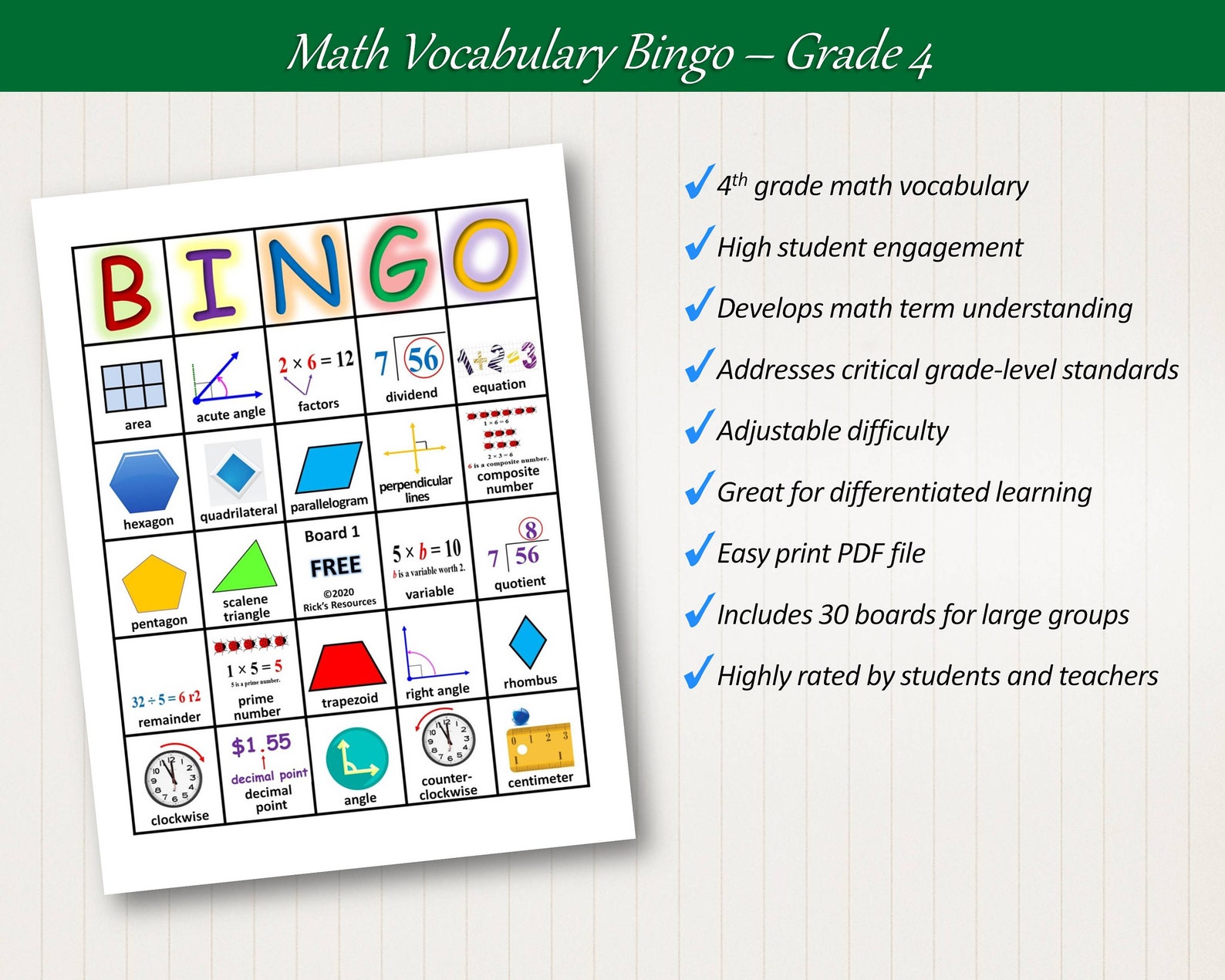 4th Grade Math Vocabulary Bingo Game - 30 Boards, Adjustable Difficulty ...