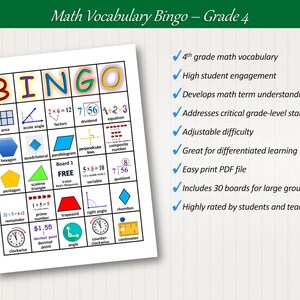 4th Grade Math Vocabulary Bingo Game - 30 Boards, Adjustable Difficulty ...