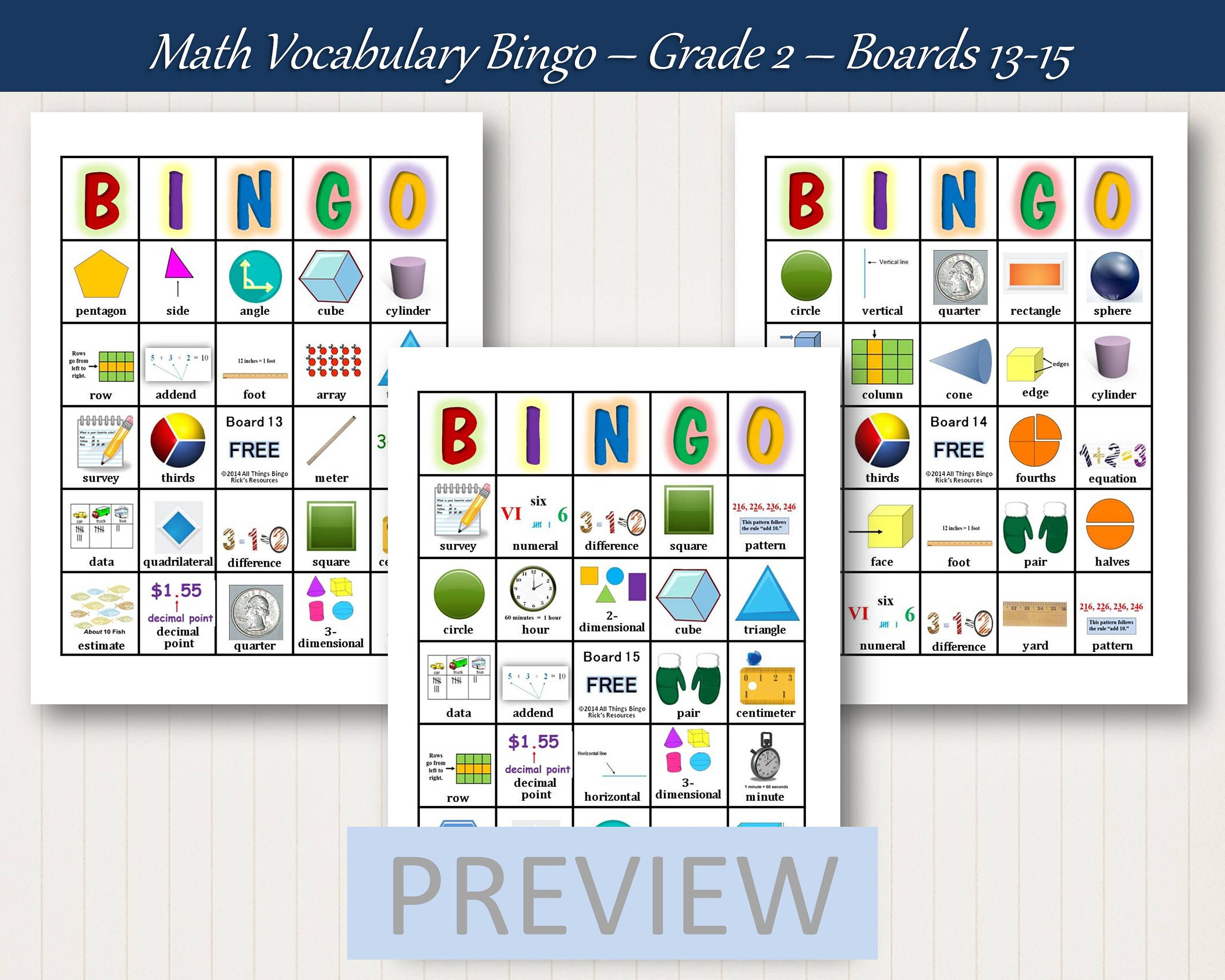 2nd Grade Math Vocabulary Bingo Game 30 Boards, Adjustable Difficulty ...