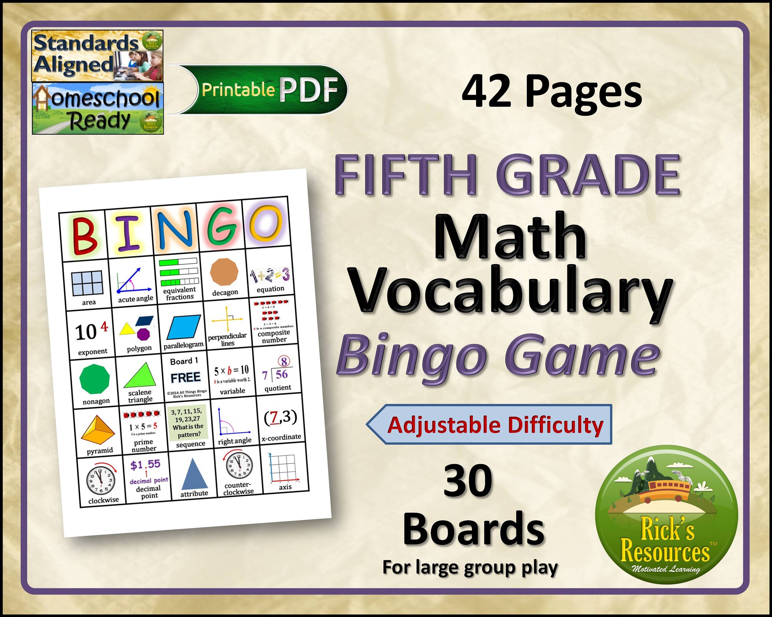 5th Grade Math Vocabulary Bingo Game 30 Boards, Adjustable Difficulty ...