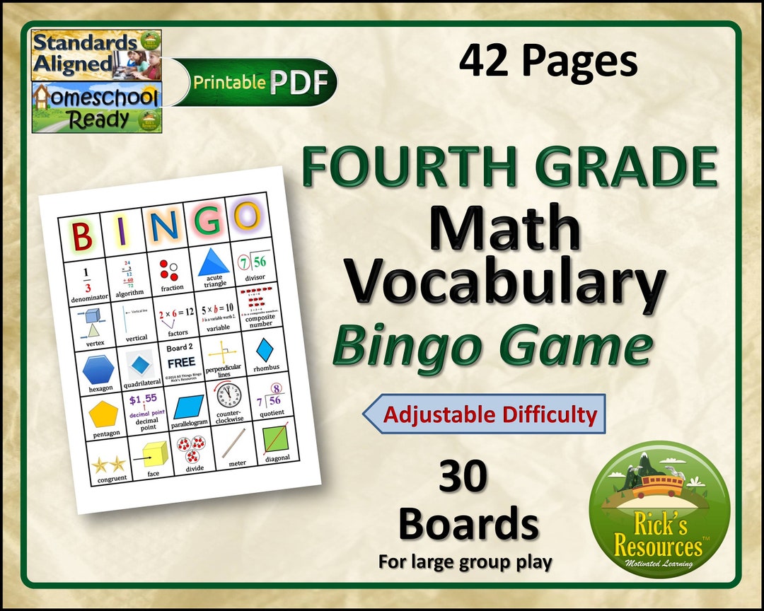 4th Grade Math Vocabulary Bingo Game - 30 Boards, Adjustable Difficulty ...