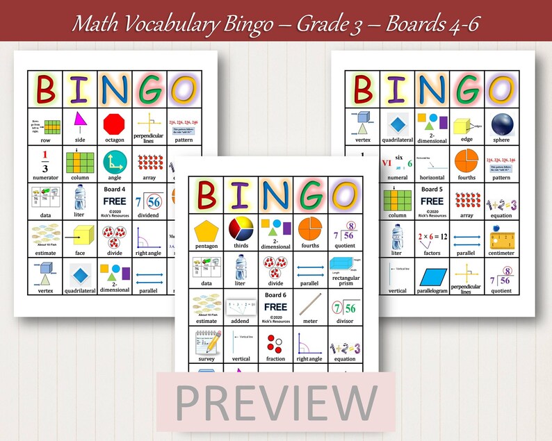 3rd Grade Math Vocabulary Bingo Game - 30 Boards, Adjustable Difficulty ...