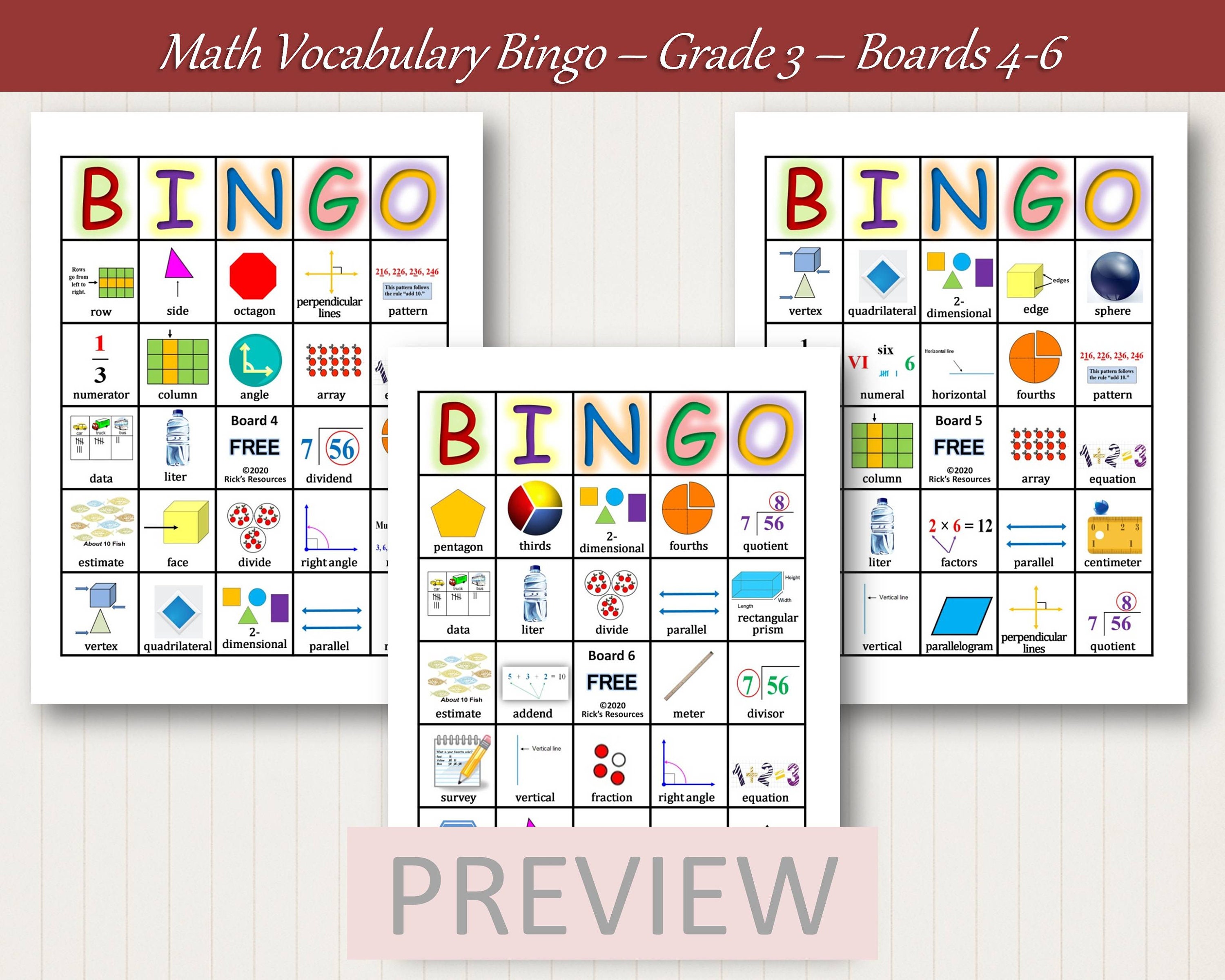 3rd Grade Math Vocabulary Bingo Game - 30 Boards, Adjustable Difficulty ...