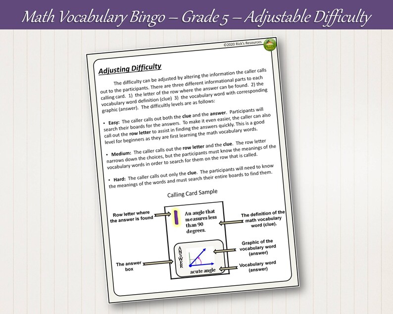 5th Grade Math Vocabulary Bingo Game 30 Boards, Adjustable Difficulty ...