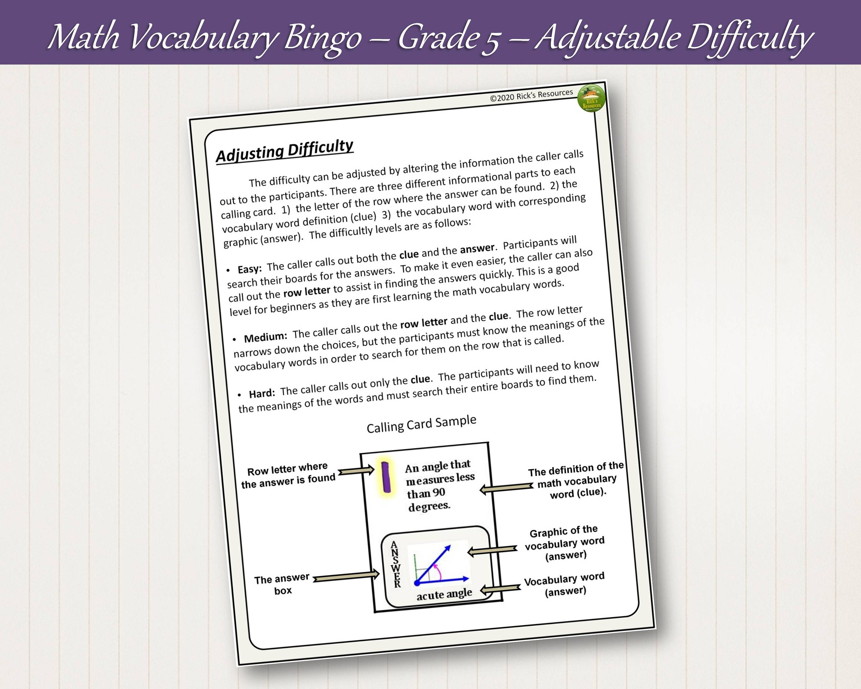 5th Grade Math Vocabulary Bingo Game - 30 Boards, Adjustable Difficulty ...