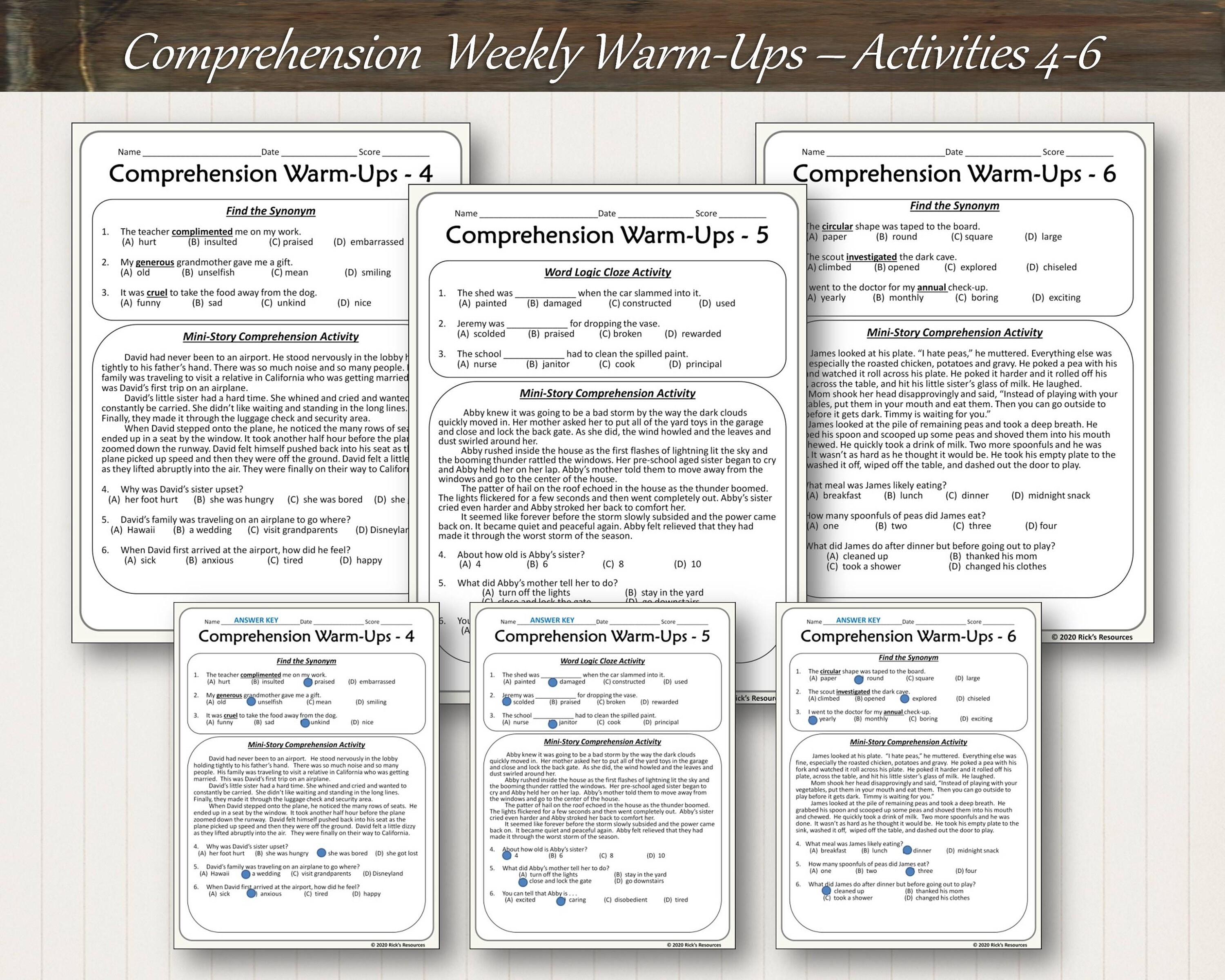 Reading Comprehension Weekly Warm-up Worksheets Grades 3-5 - Etsy