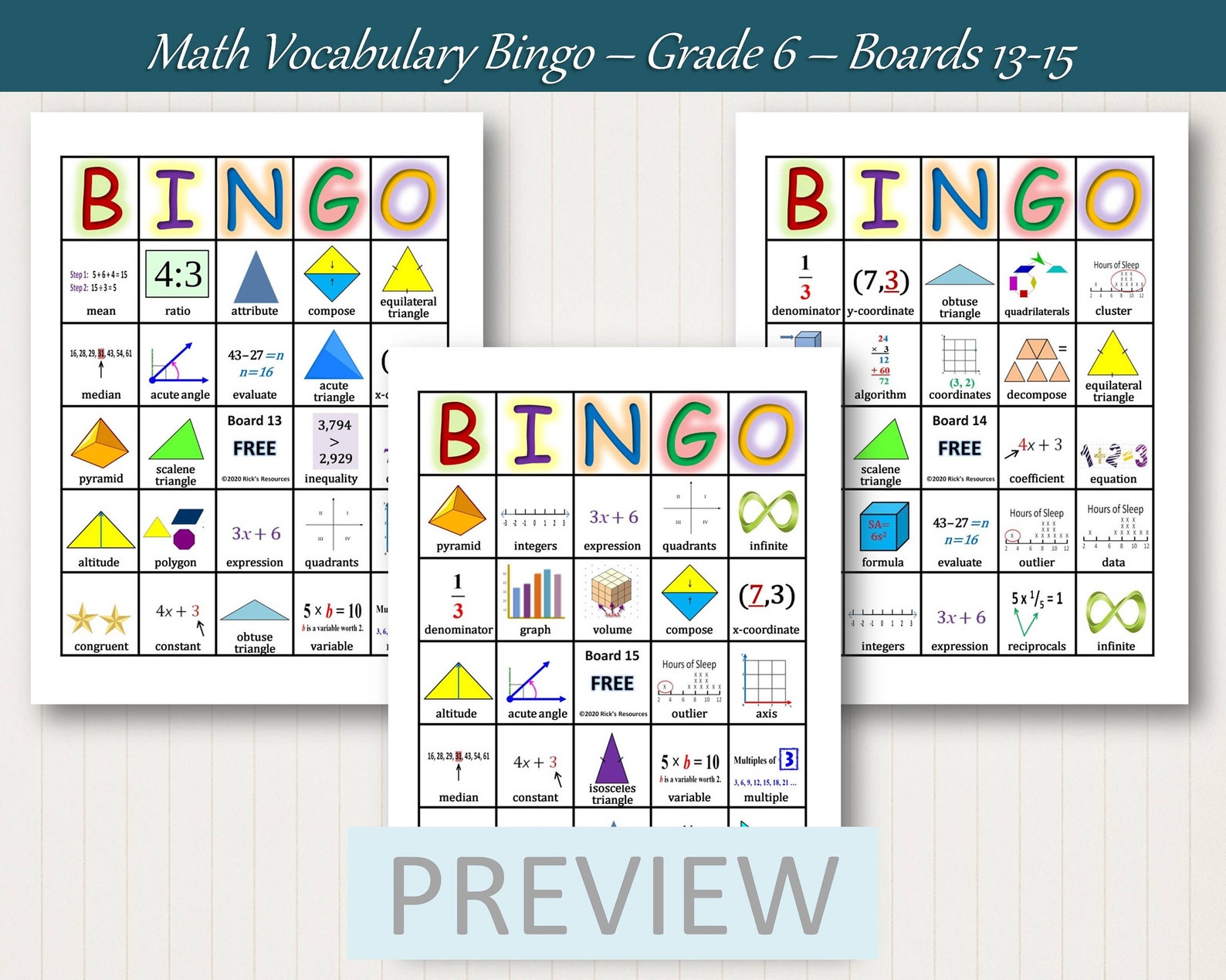 6th Grade Math Vocabulary Bingo Game - 30 Boards, Adjustable Difficulty ...