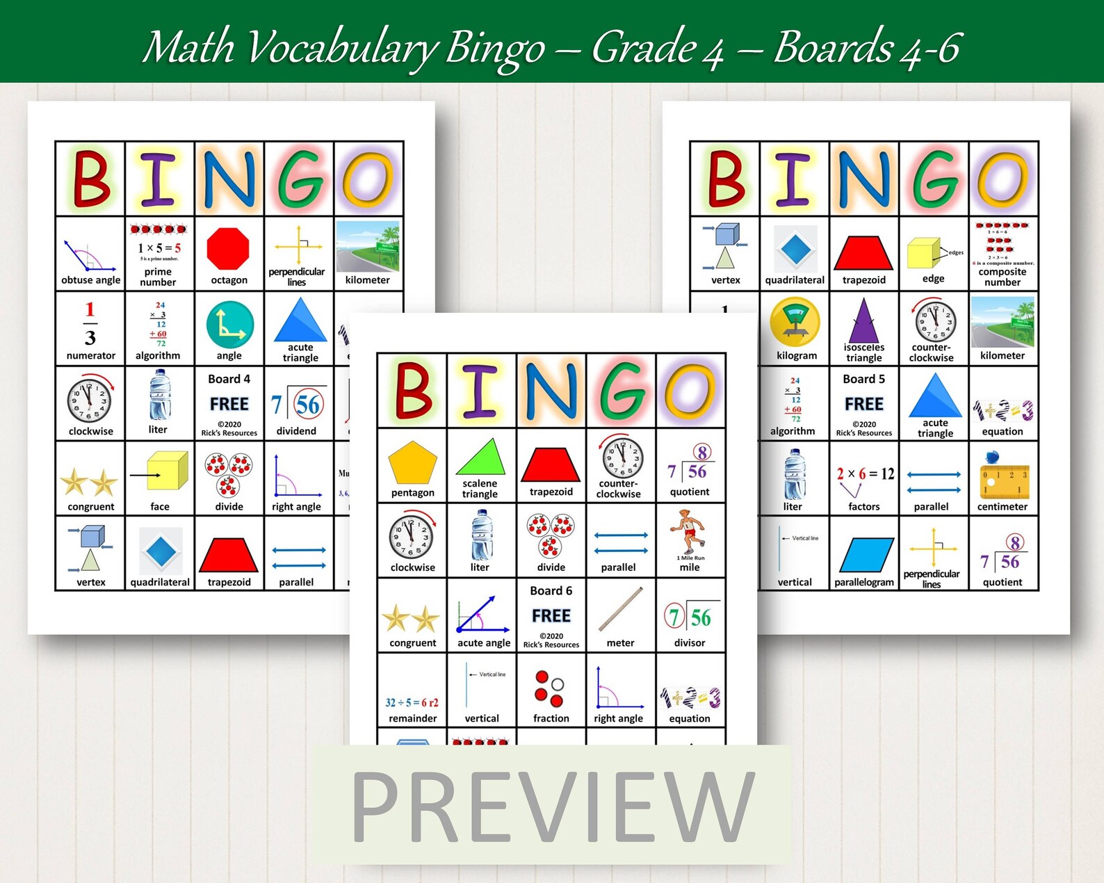 4th Grade Math Vocabulary Bingo Game - 30 Boards, Adjustable Difficulty ...