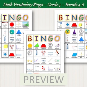 4th Grade Math Vocabulary Bingo Game - 30 Boards, Adjustable Difficulty ...
