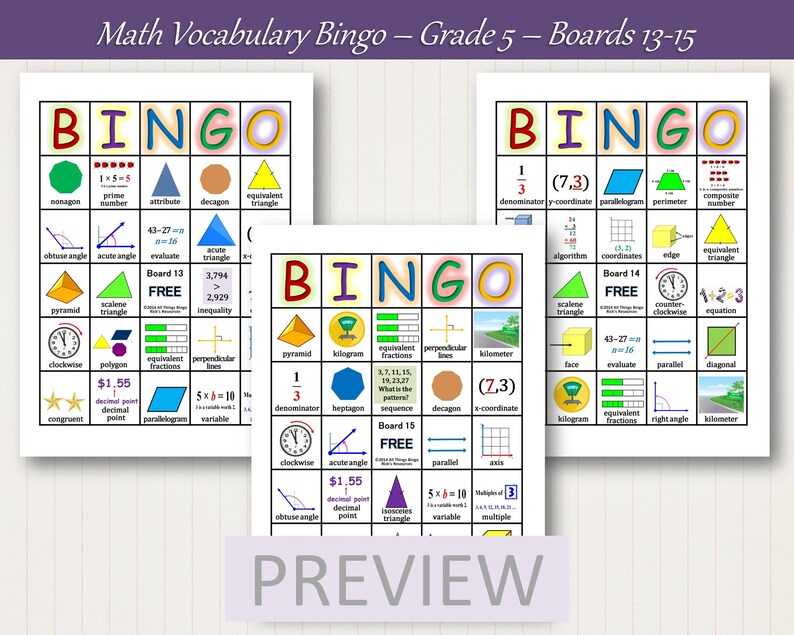 5th Grade Math Vocabulary Bingo Game - 30 Boards, Adjustable Difficulty ...