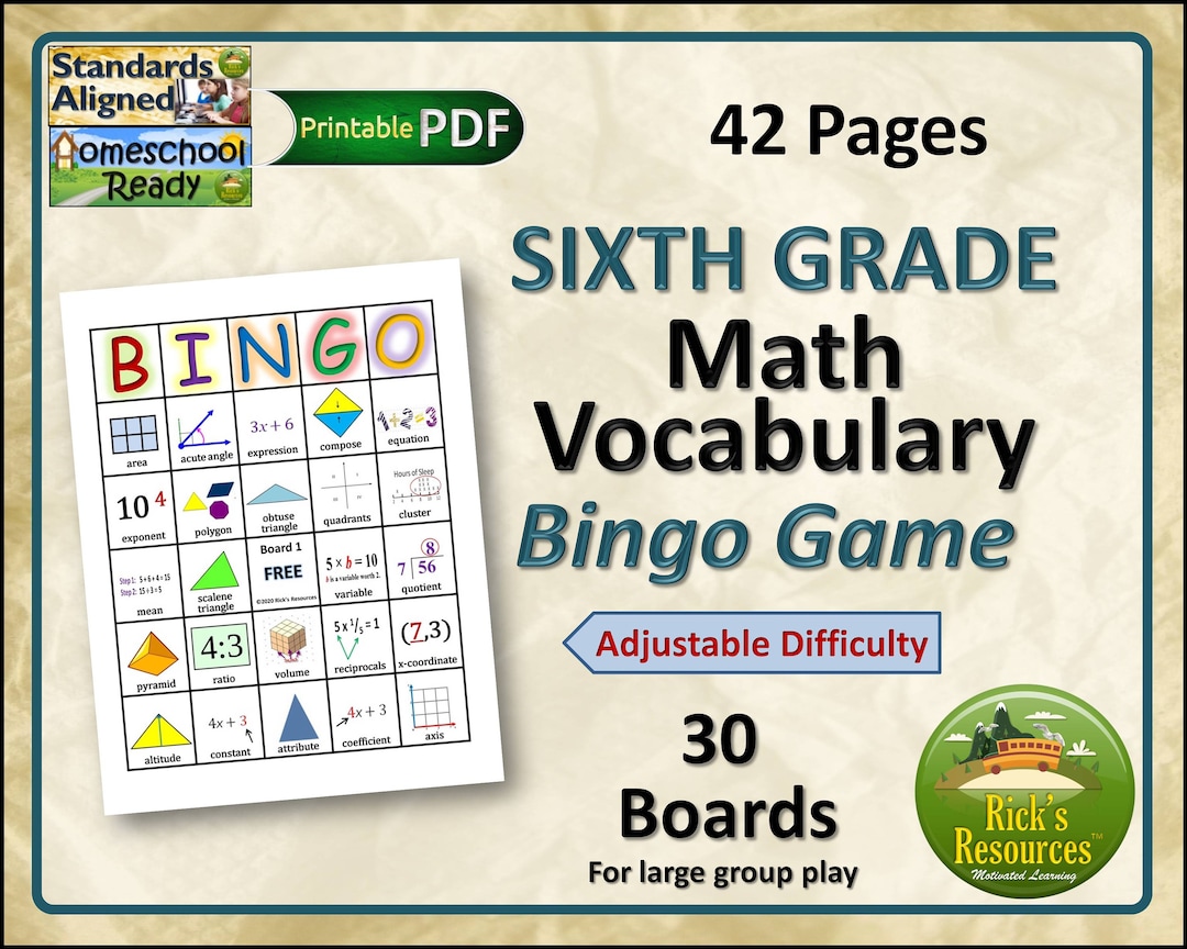 6th Grade Math Vocabulary Bingo Game - 30 Boards, Adjustable Difficulty ...