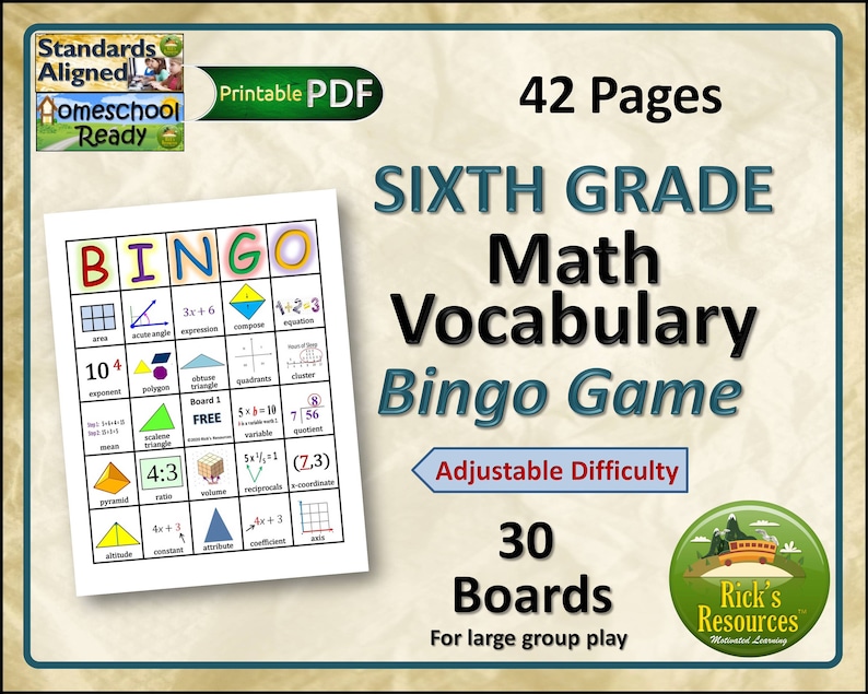 6th Grade Math Vocabulary Bingo Game - 30 Boards, Adjustable Difficulty ...