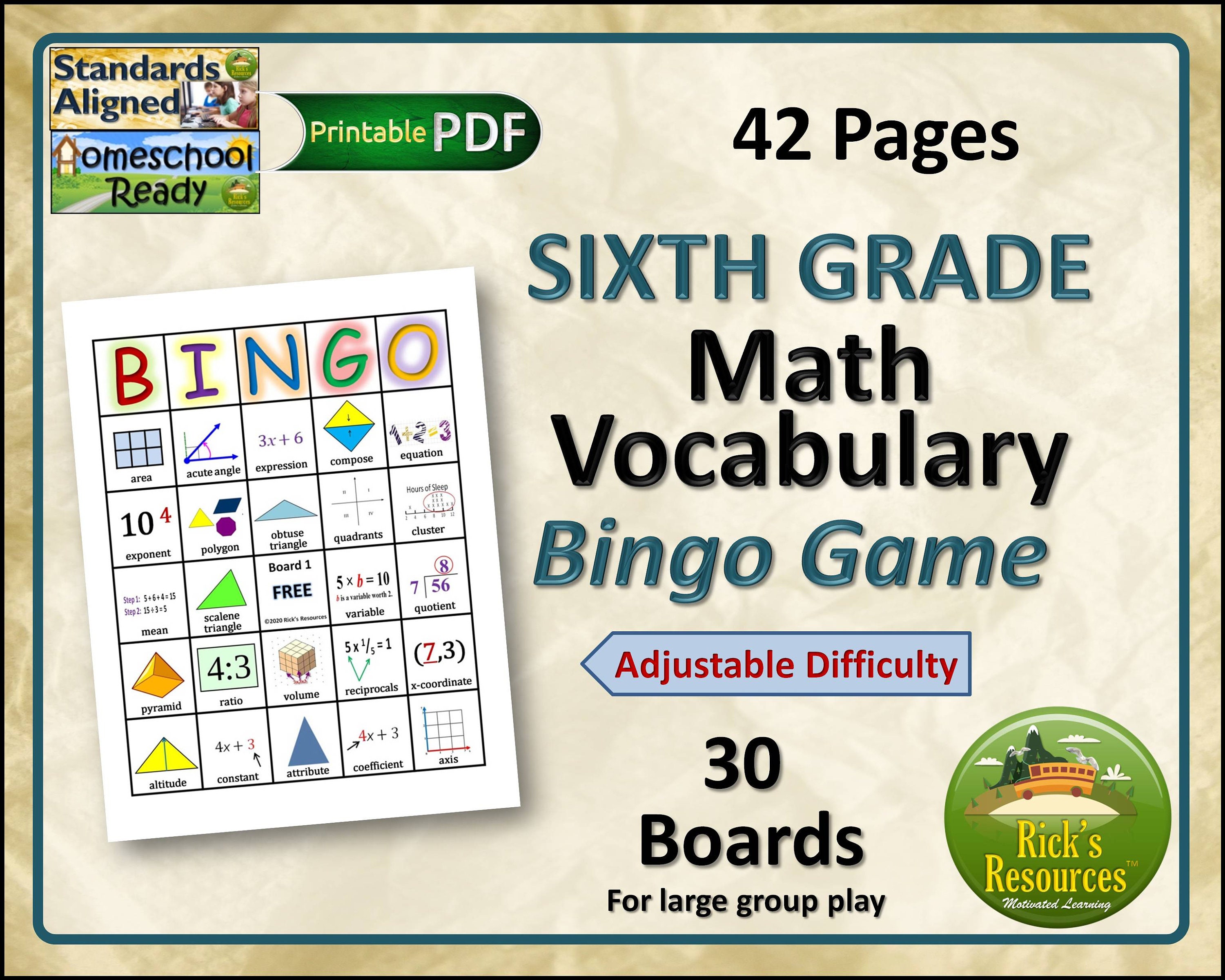 6th Grade Math Vocabulary Bingo Game 30 Boards, Adjustable Difficulty ...