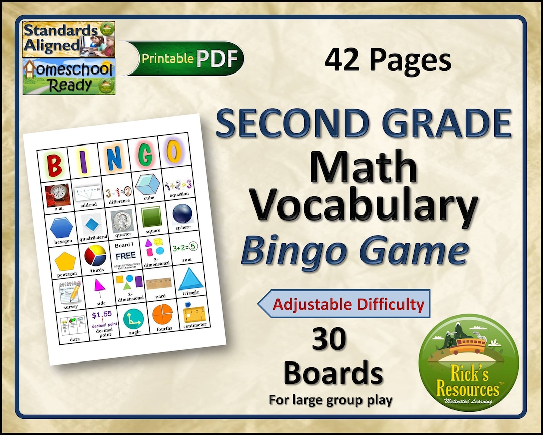 2nd Grade Math Vocabulary Bingo Game - 30 Boards, Adjustable Difficulty ...