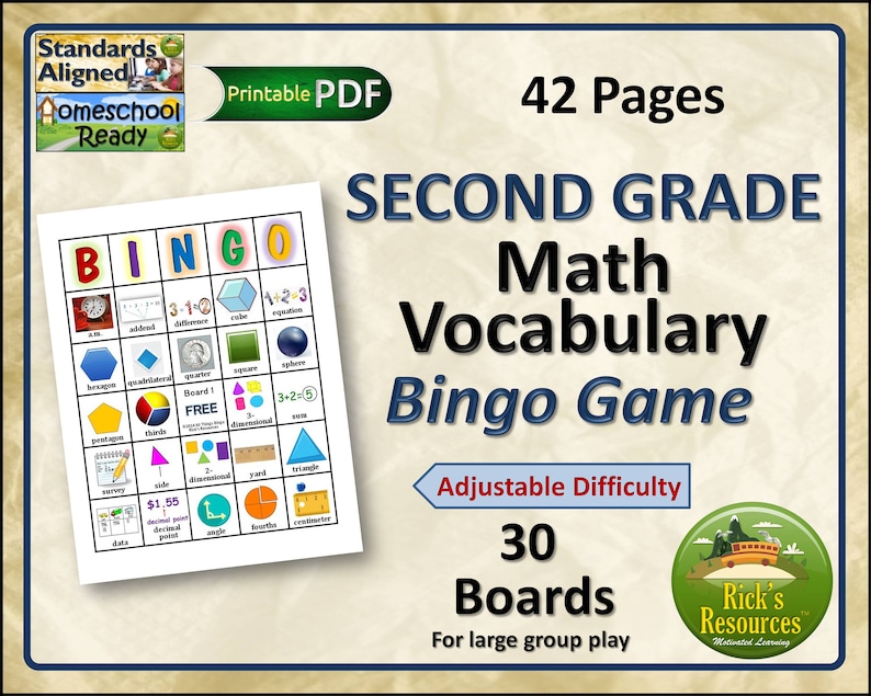 2nd Grade Math Vocabulary Bingo Game - 30 Boards, Adjustable Difficulty ...