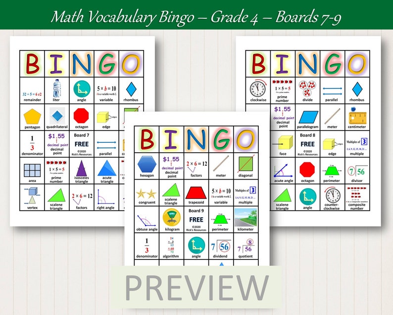 4th Grade Math Vocabulary Bingo Game - 30 Boards, Adjustable Difficulty ...