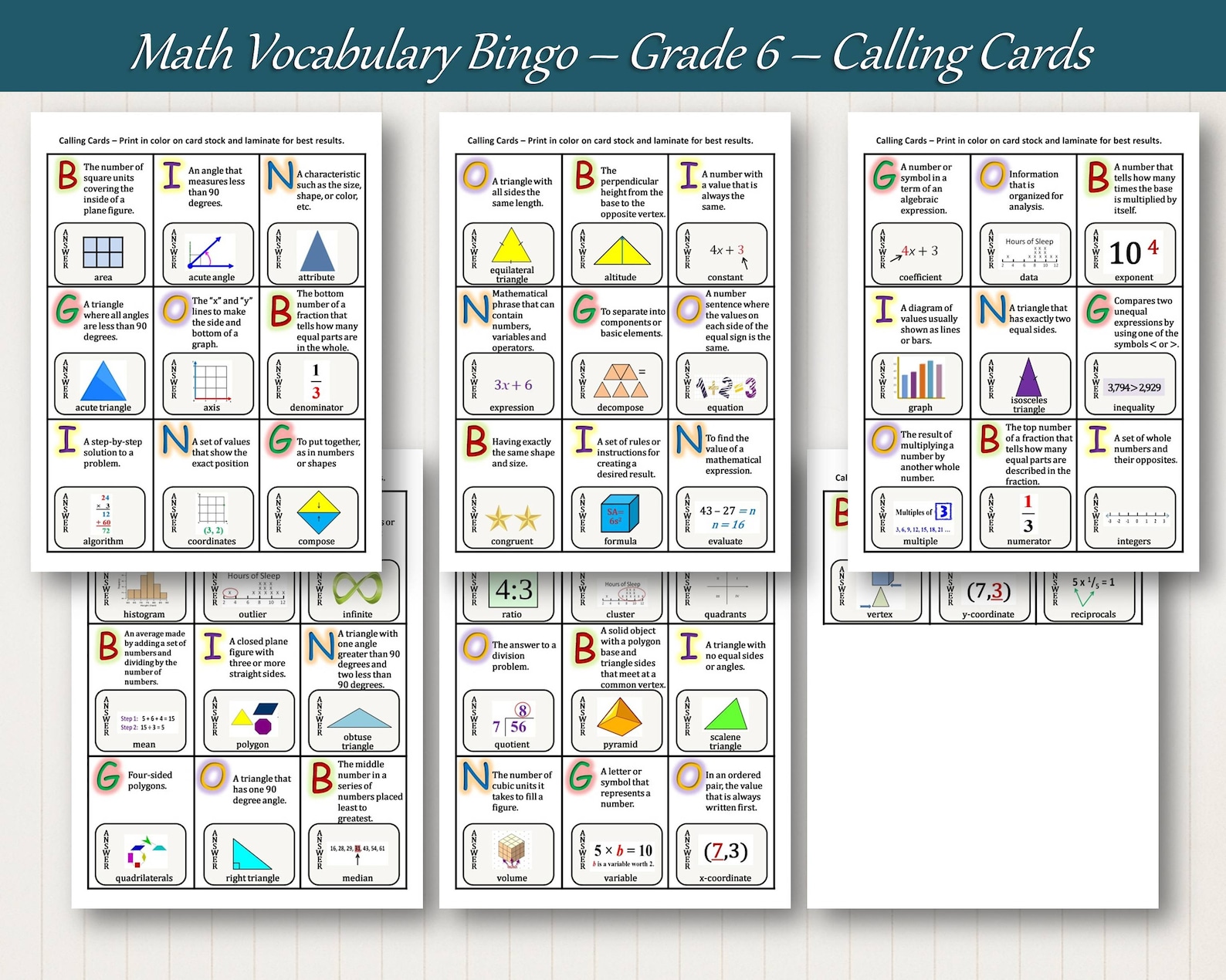 6th Grade Math Vocabulary Bingo Game - 30 Boards, Adjustable Difficulty ...