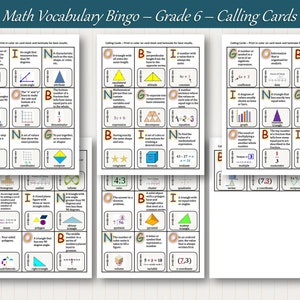6th Grade Math Vocabulary Bingo Game - 30 Boards, Adjustable Difficulty ...