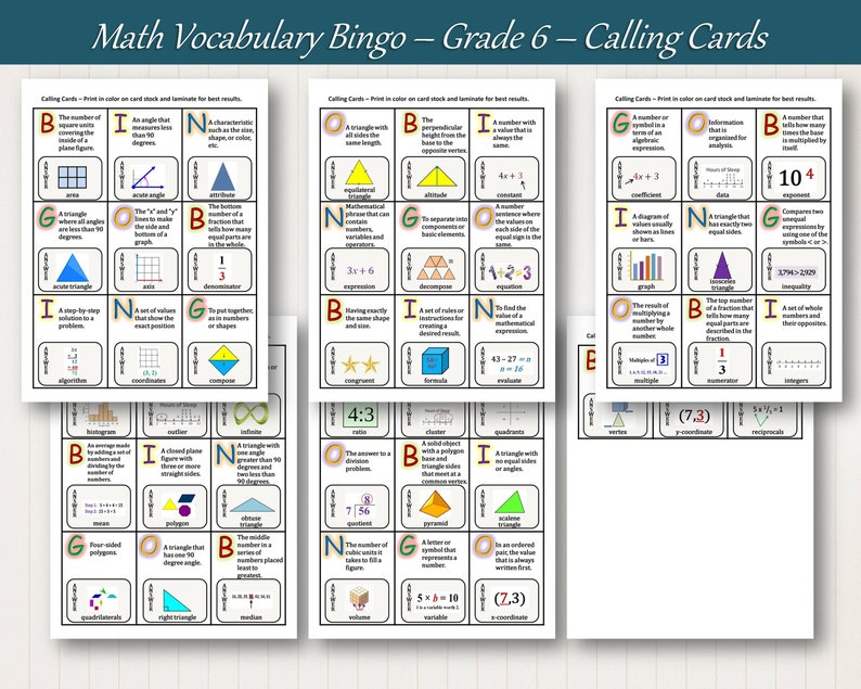 6th Grade Math Vocabulary Bingo Game - 30 Boards, Adjustable Difficulty ...
