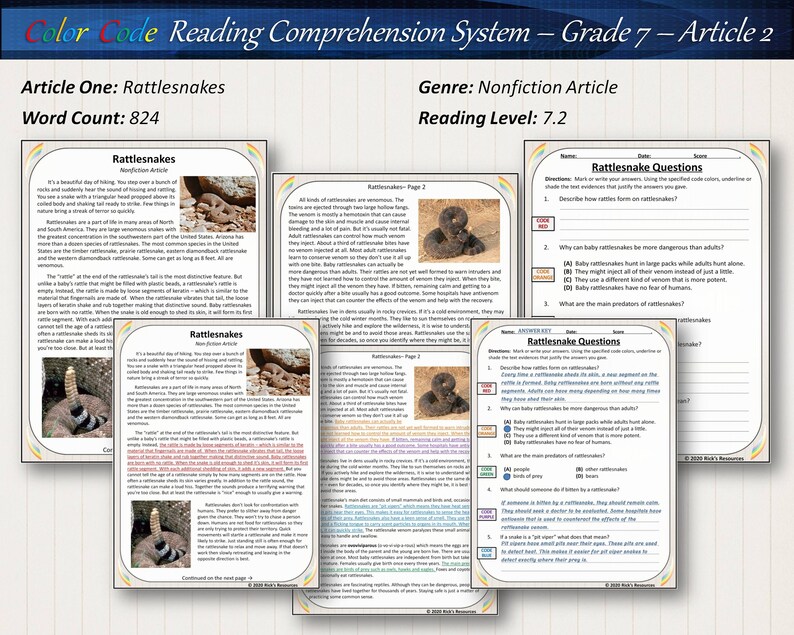 Reading Comprehension Coloring Text Evidence 7th Grade - Etsy
