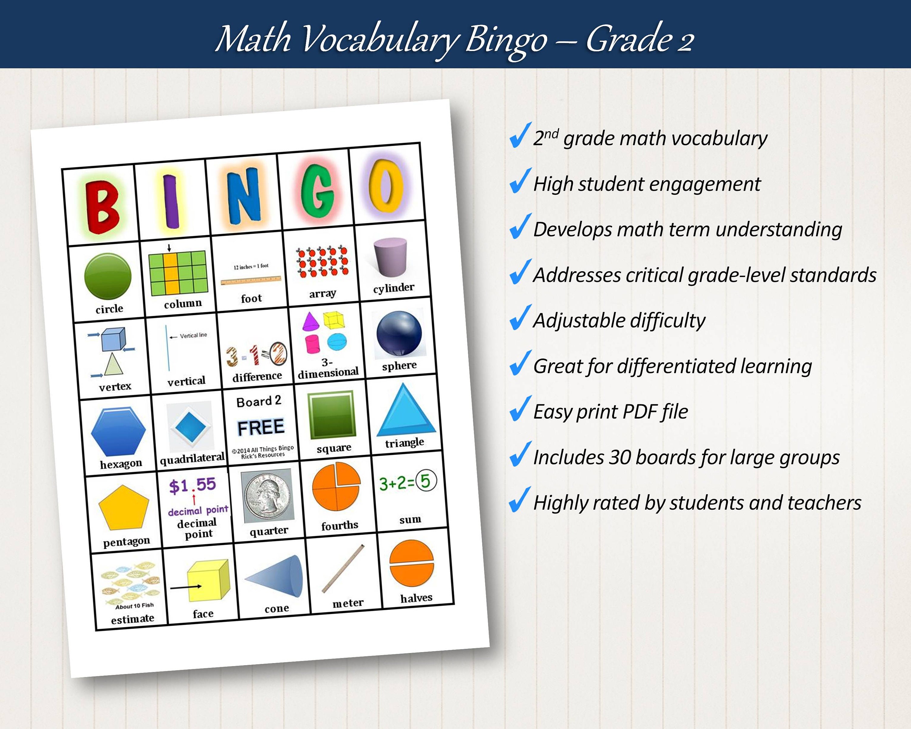 2nd Grade Math Vocabulary Bingo Game 30 Boards Adjustable - Etsy